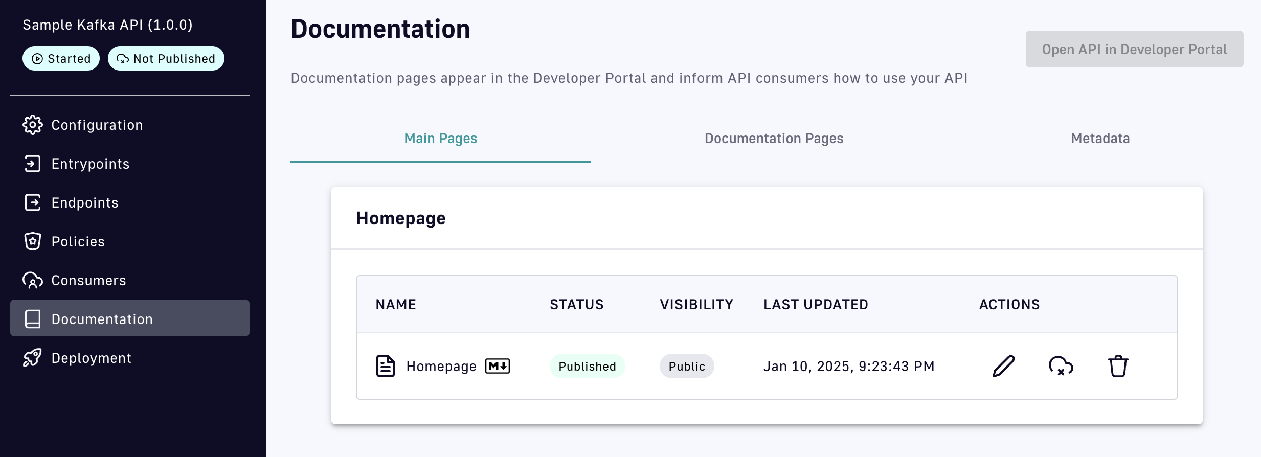 your page will appear with its name publication status and