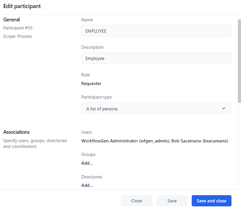 A link displays the participant form in edit mode. Click New ...