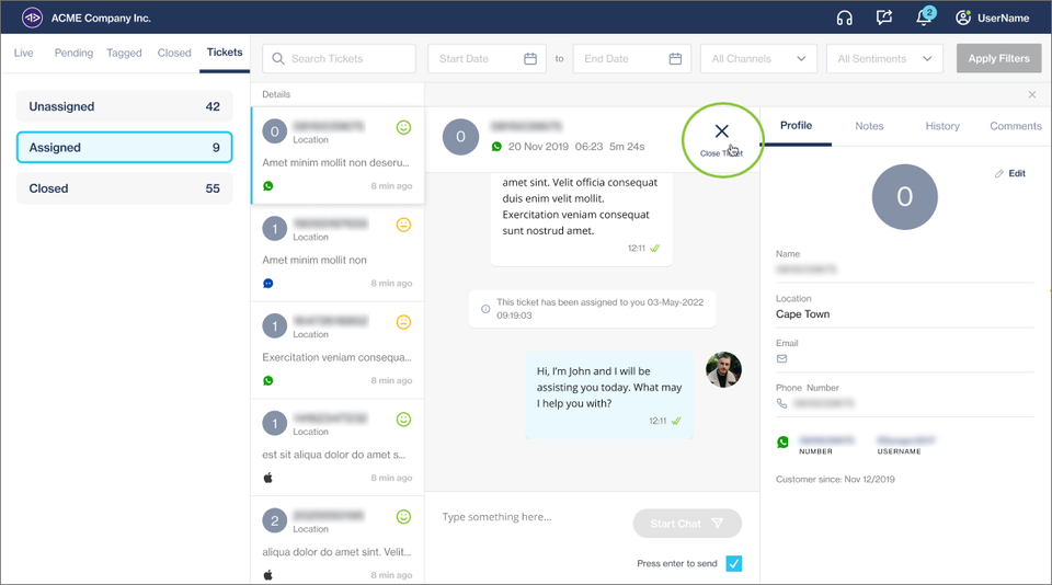 Agents can close any assigned tickets after responding