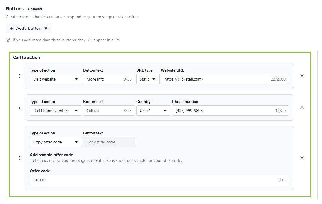 Example of the available action buttons you can add to your template.