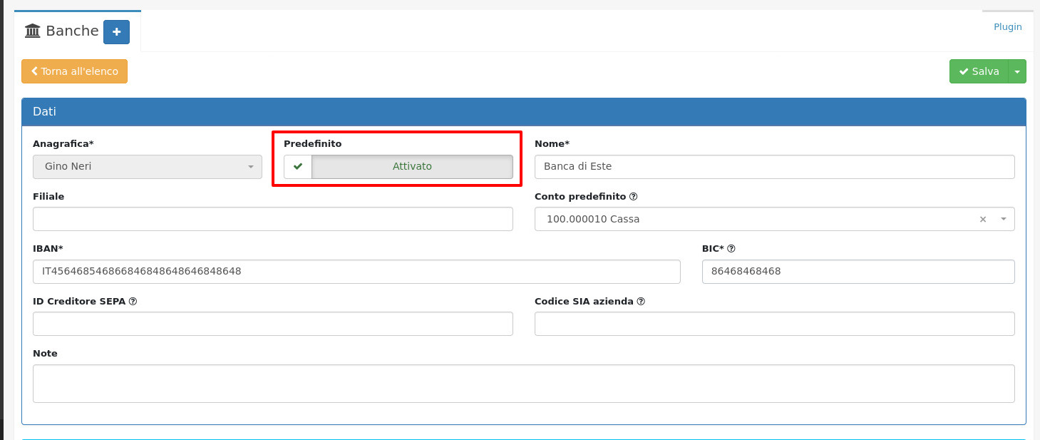 Banca predefinita anagrafica - OpenSTAManager