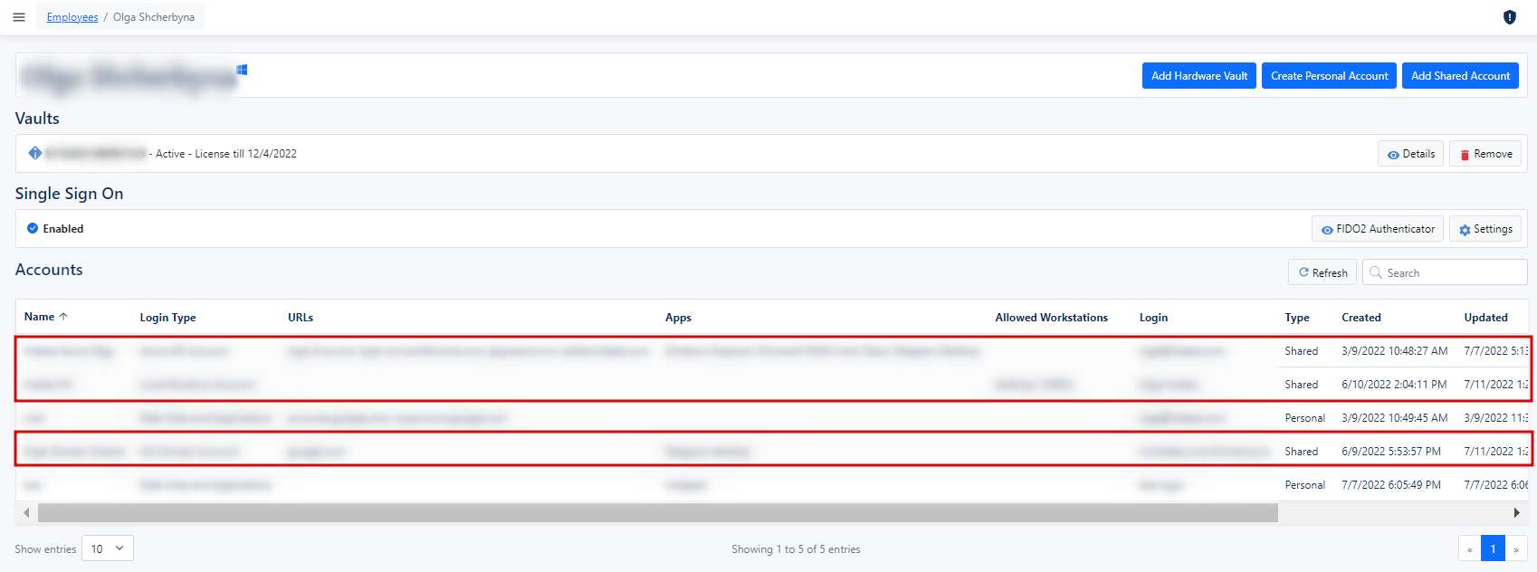 Creating shared employee accounts - Hideez Authentication Service (EN)
