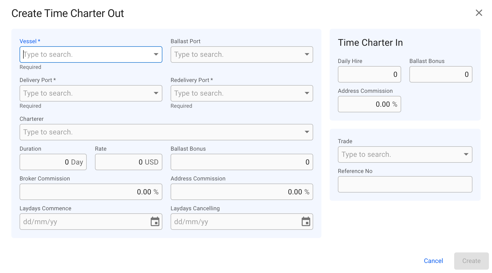 Create Time Charter Out - Knowledge Base
