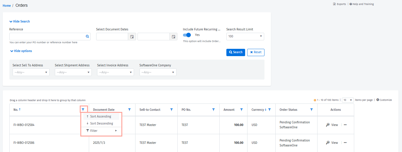 The different sort options in the table.