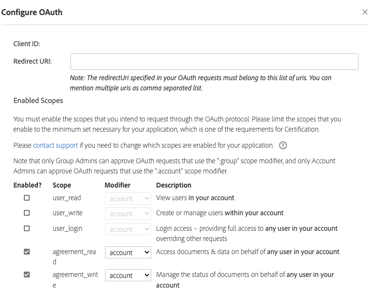 Application OAuth configuration