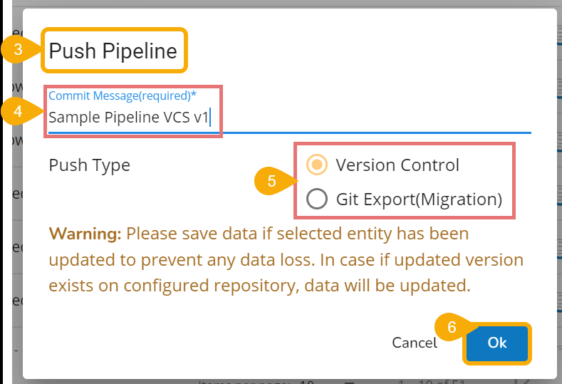 Push Pipeline (to VCS/GIT) - Data Pipeline