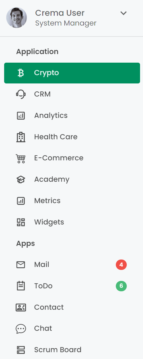 Sidebar Configuration - Crema React