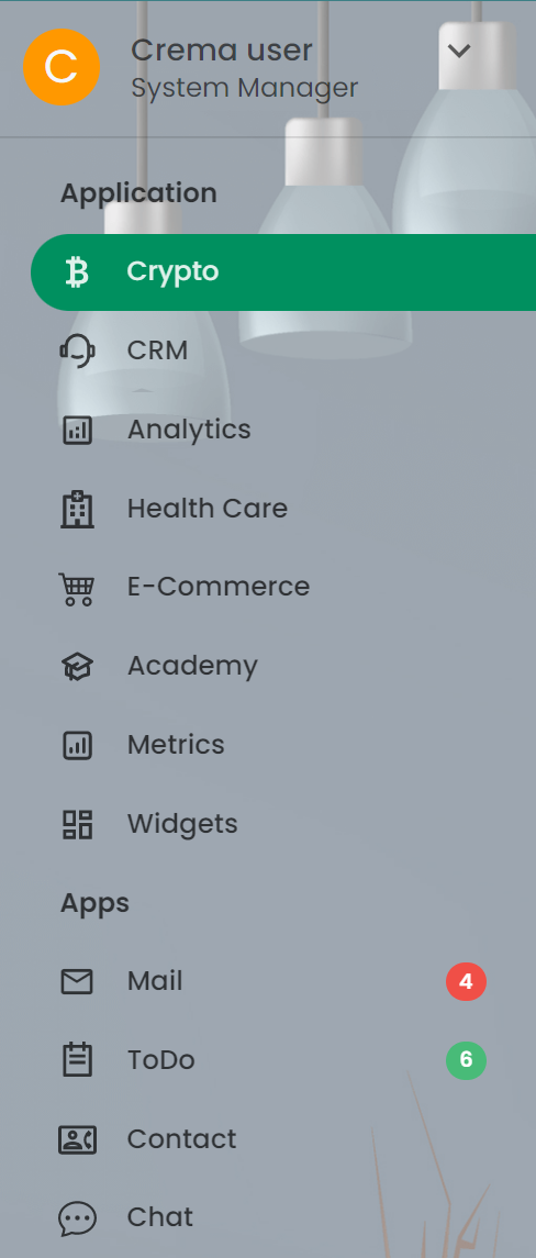 Sidebar Configuration - Crema React