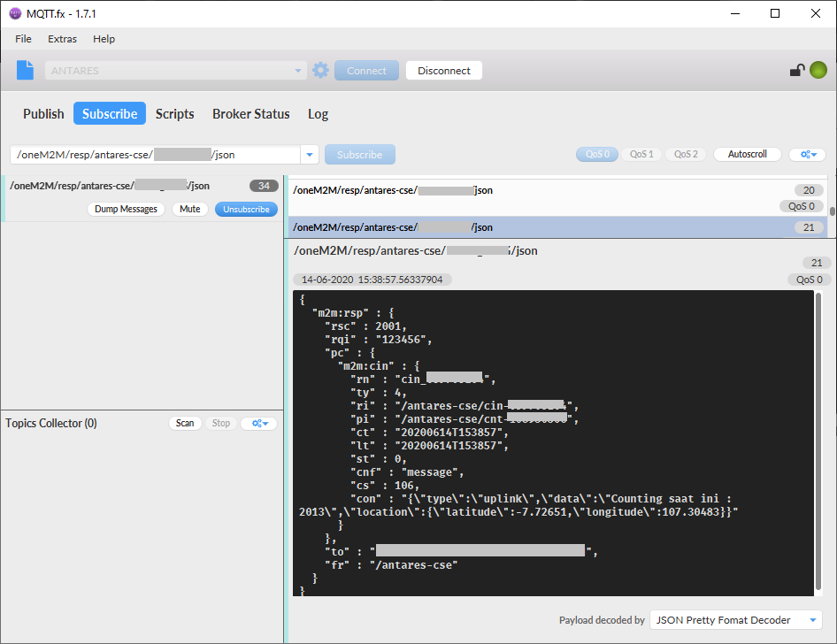 MQTT | Subscribe LoRa Device - Antares