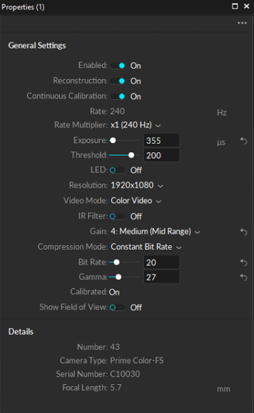 Properties Pane: Camera - EXTERNAL OptiTrack Documentation